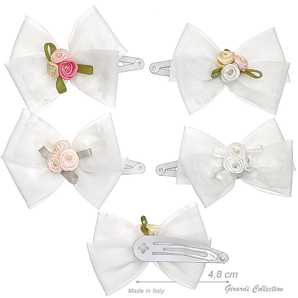 Ceremony snap hair clip with white bow and 3 small flowers